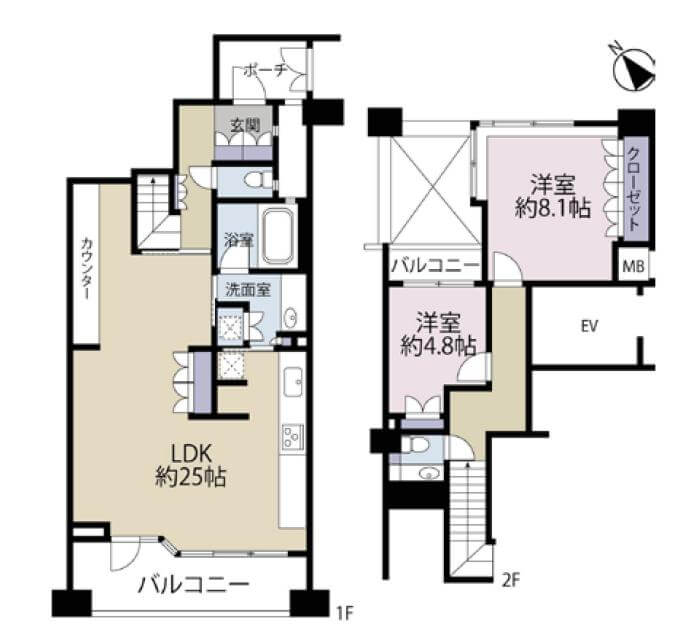 上野毛シティハウスノーステラス 約25帖のLDK、広々暮らせるメゾネットの住まい 東京の高級中古マンション／リノベーションマンションの【mitaina（ミタイナ）】